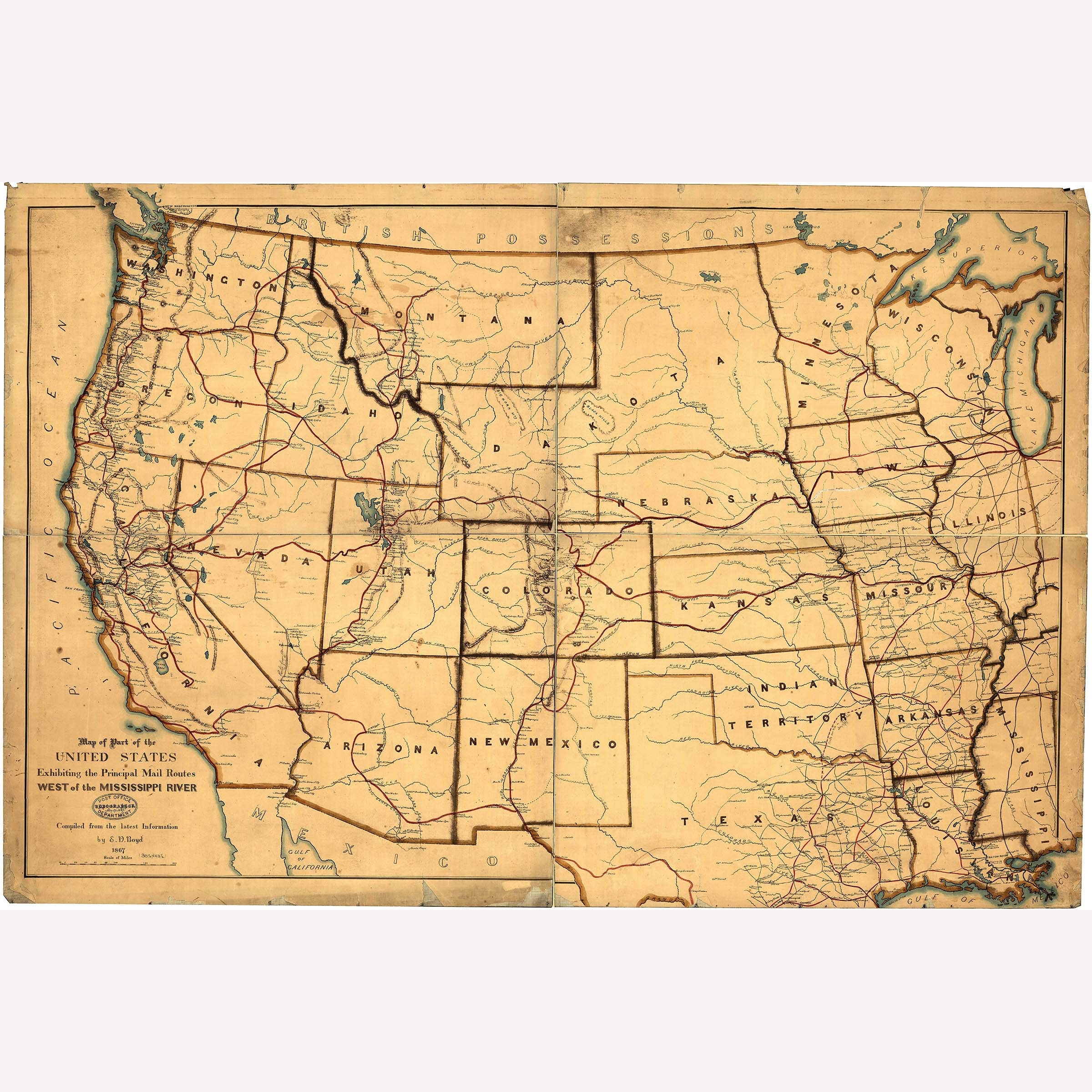 Map of Western United States Postal Routes; Antique Map; 1867 - Teak ...