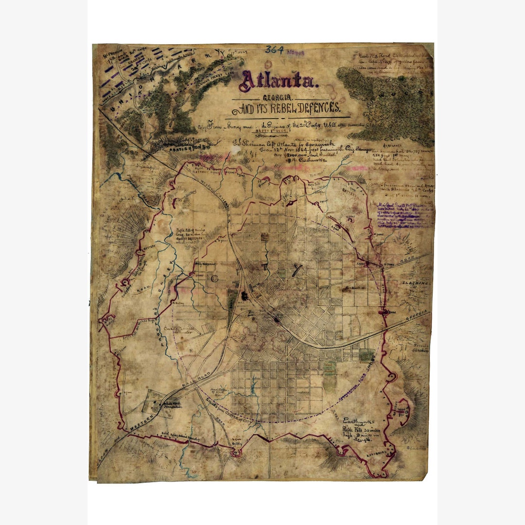 Civil War Defences of Atlanta, Georgia, 1865; Antique Civil War Map ...