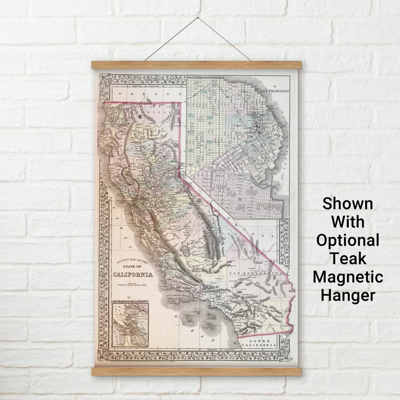 California & San Francisco; Beautiful Vintage Cartography 1872 - Teak ...