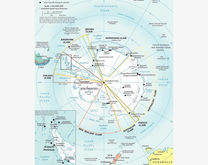 Antarctica; CIA Map; Research Stations & Political Divisions - Teak ...