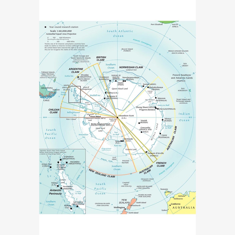 Antarctica CIA Map Research Stations & Political Divisions - Etsy