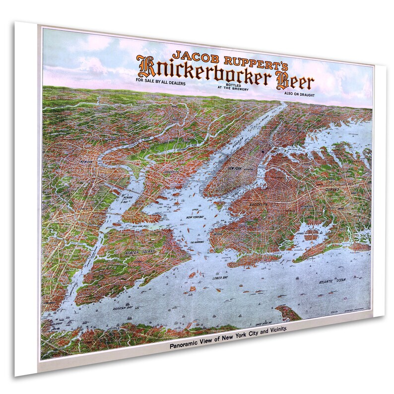 Map of New York City by Knickerbocker Beer; 1912; Antique Birdseye Map ...