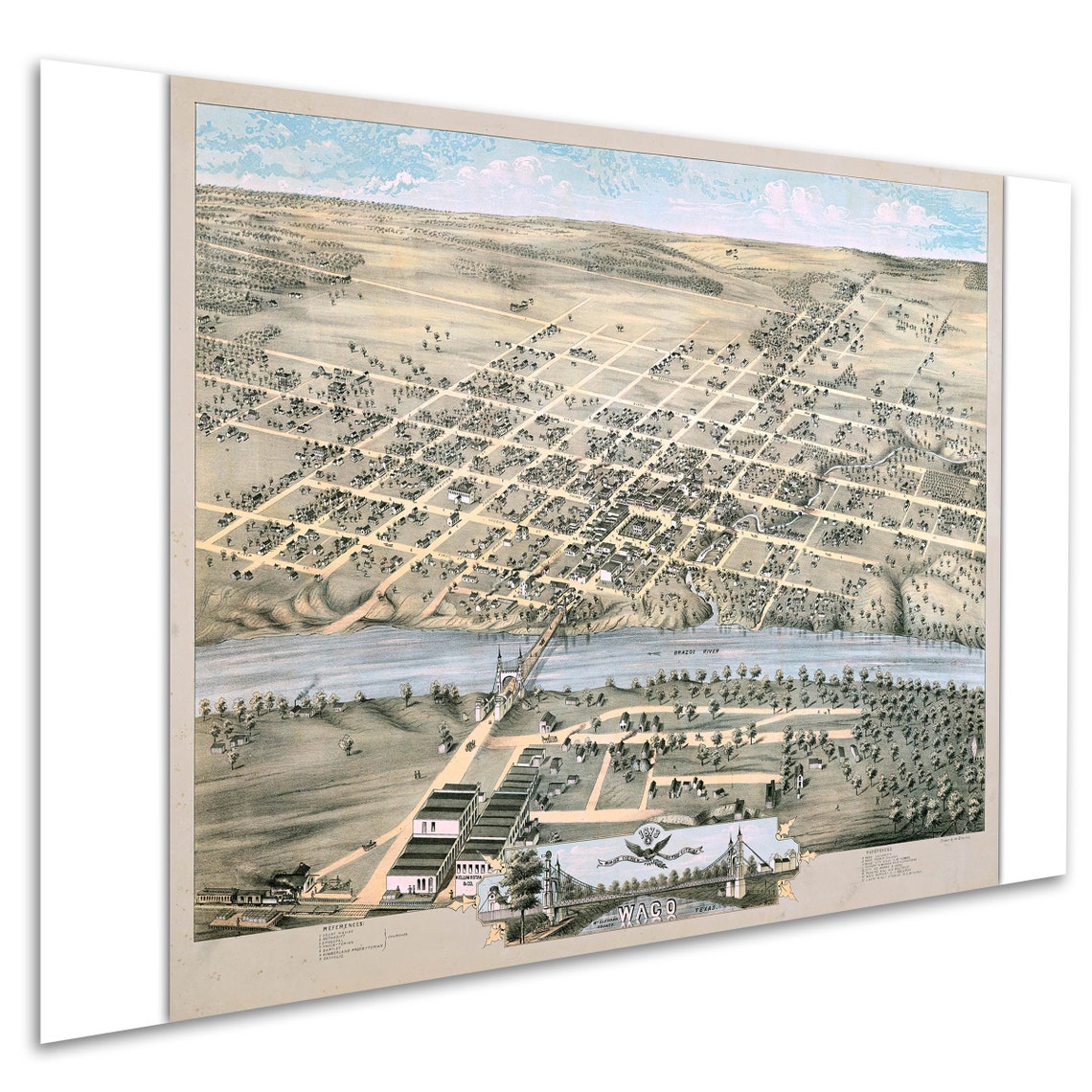 Map of Waco Texas; Antique Map; Pictorial or Birdseye Map, 1873 - Teak ...