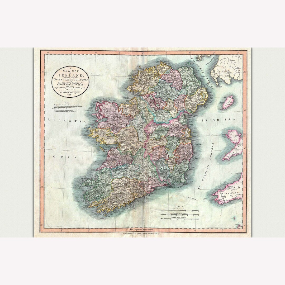 Ireland; Antique Map; A New Map of Ireland by John Cary, 1799 - Teak ...