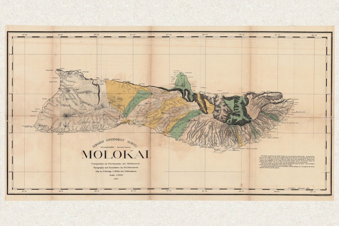 Island of Molokai, Antique Map by Alexander 1897 - Teak Wood Magnetic ...
