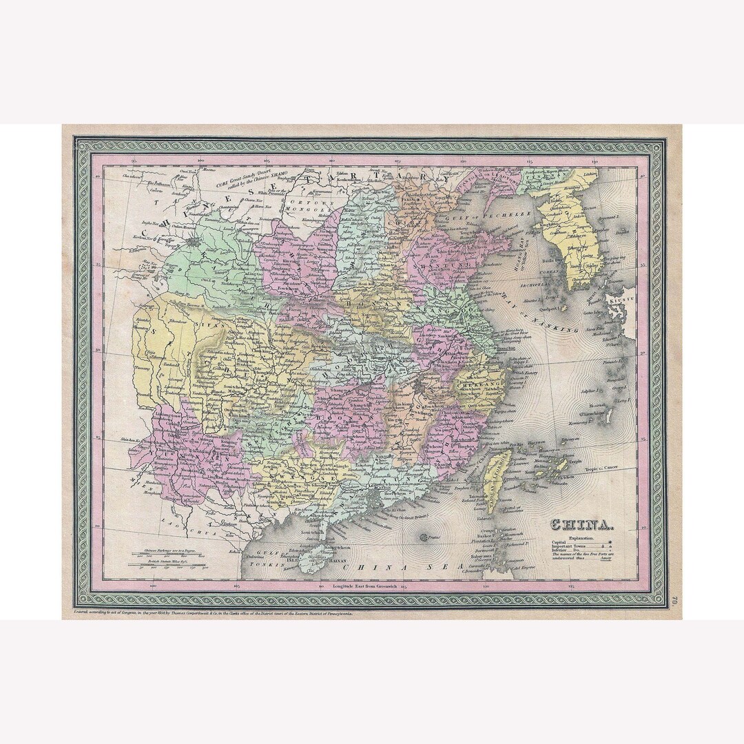 China; 1853 Mitchell Map; Lovely First Quality Antique Reproduction ...