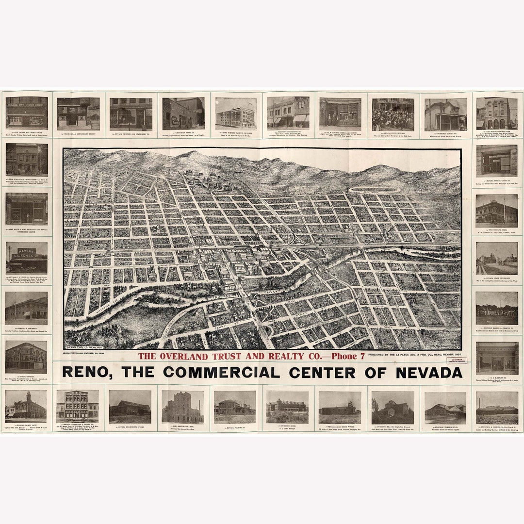 Map of Reno, Nevada 1907; Antique Birdseye Map; Custom Printed to Order ...