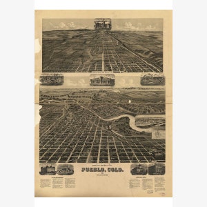Map of Pueblo Colorado; Antique Map; Pictorial or Birdseye Map, 1890 ...