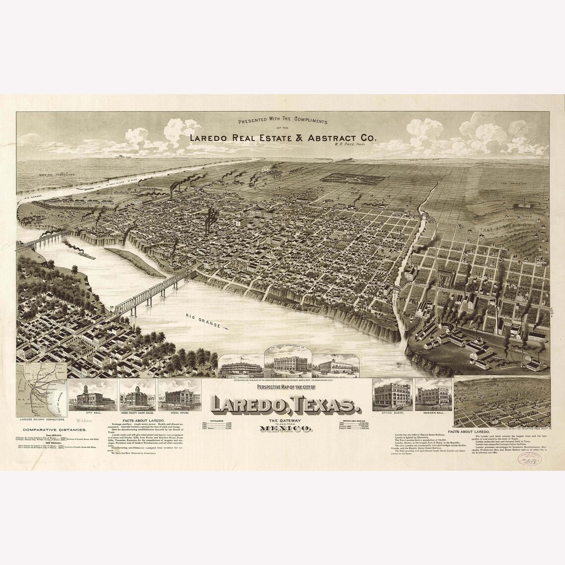 Antique Birdseye Map; City of Laredo, Texas, the Gateway to and From ...