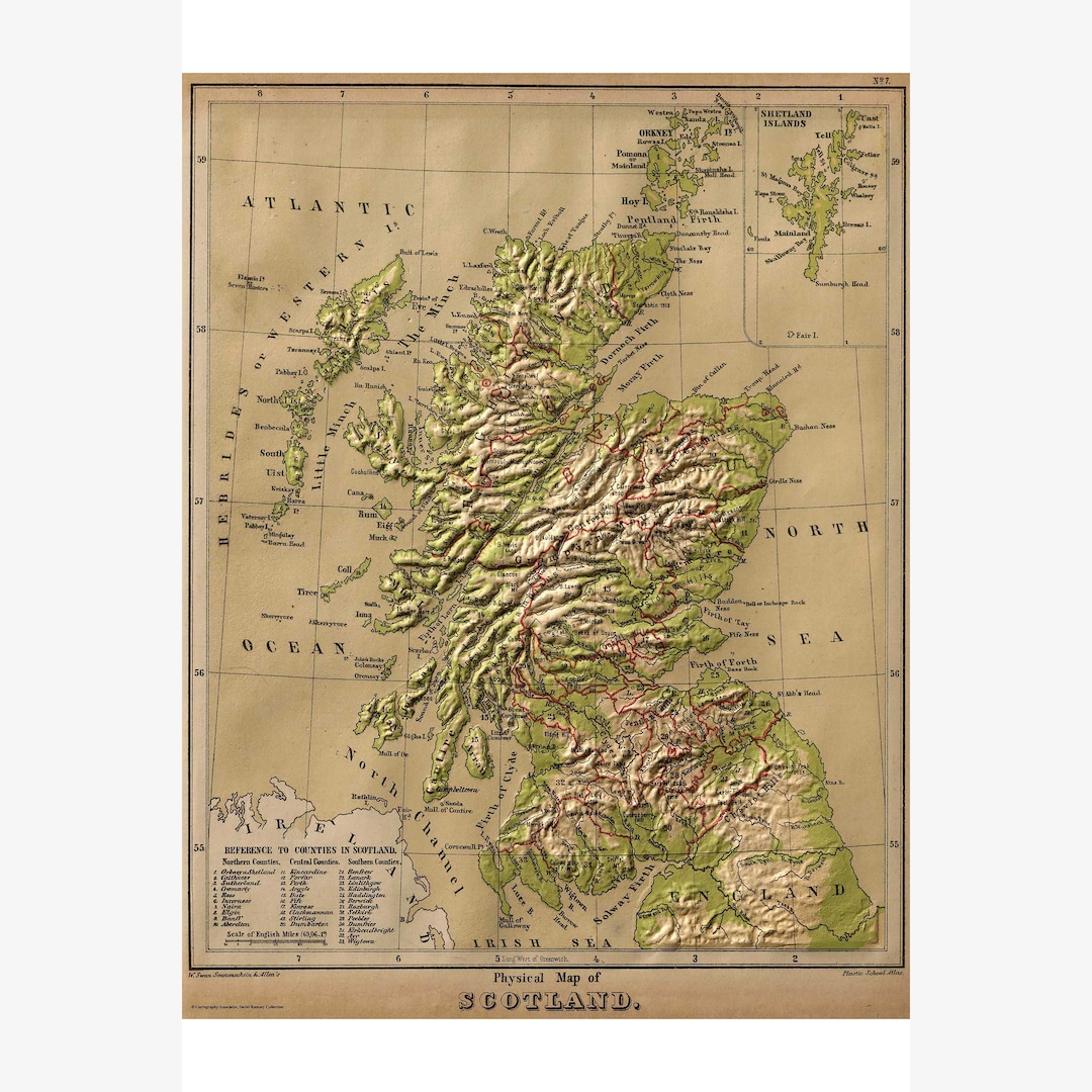 Physical Map of Scotland, Old Topographic Map, Sonnenschein & Allen ...