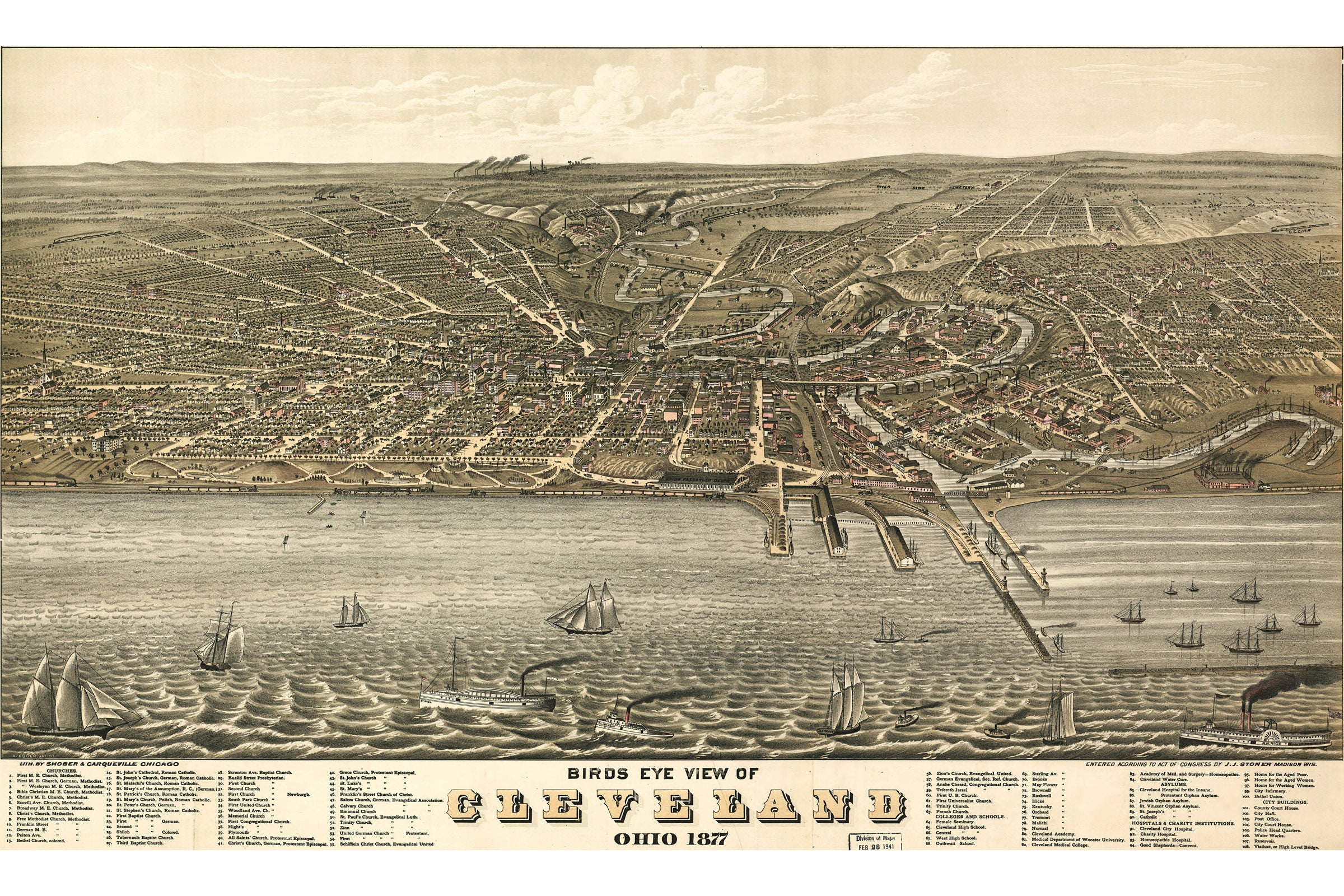 Map of Cleveland Ohio 1877 Antique Map Birdseye View Map | Etsy