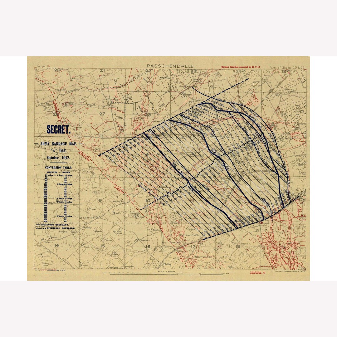 WWI First Battle of Passchendaele Barrage Map - A-day - Declassified ...