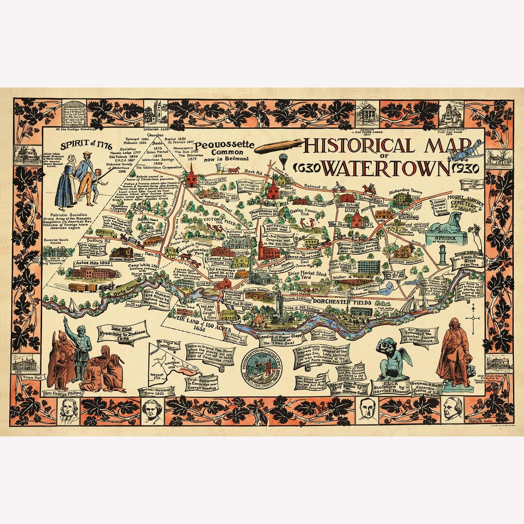 Historical Map of Watertown, MA; 1630-1930; Antique Replica - Teak Wood ...