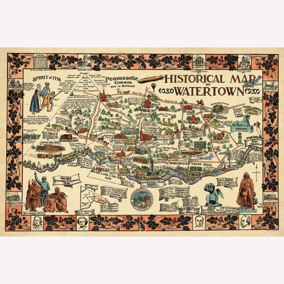 Historical Map of Watertown MA 1630-1930 Antique Replica - Etsy