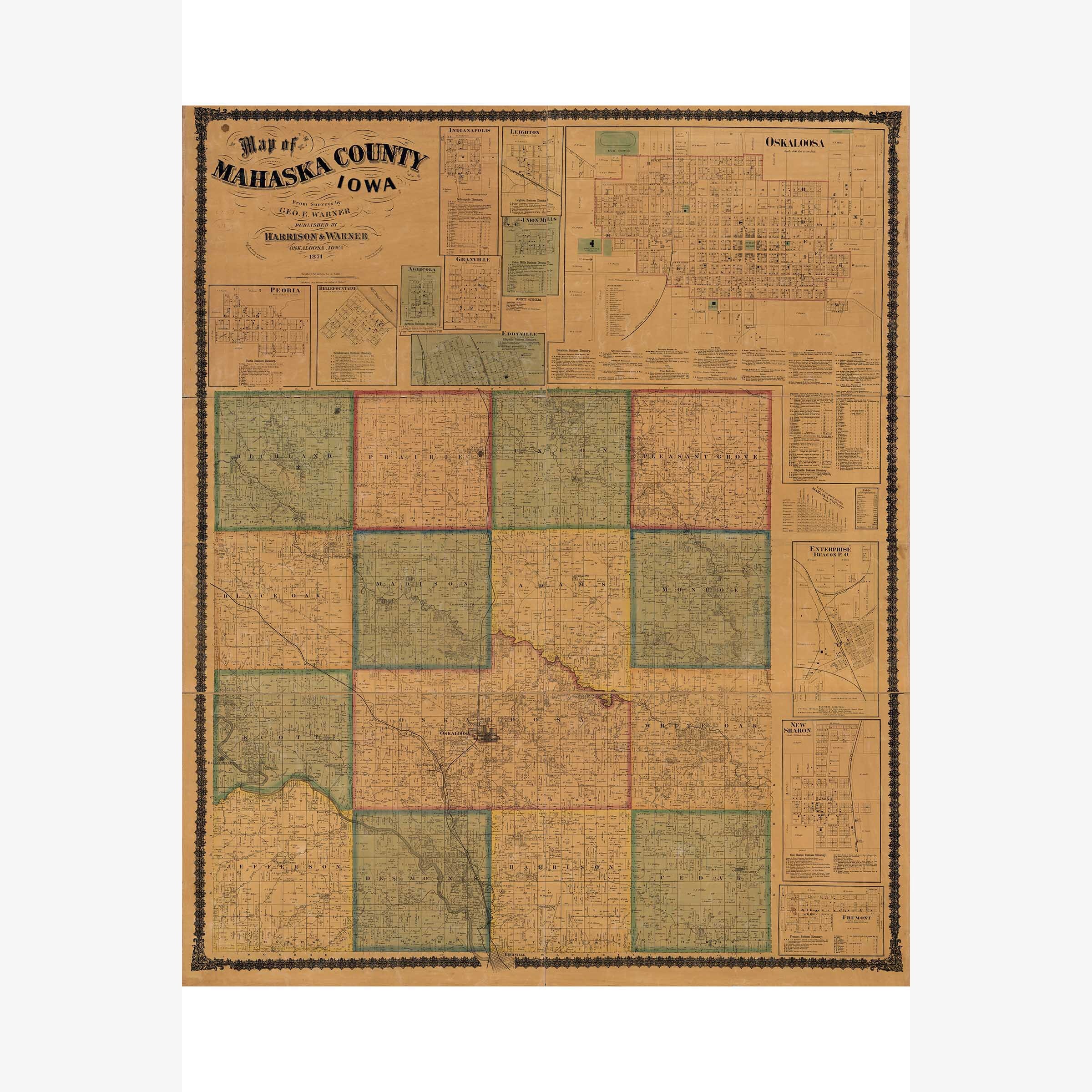 Map of Mahaska County Iowa Antique Map 1871 Custom Printed | Etsy