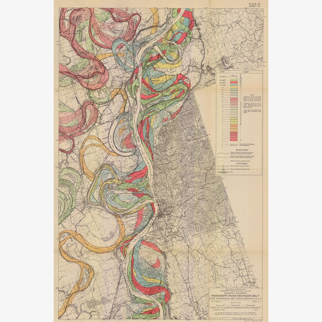 Mississippi River Meander Belt, Geological Map by Harold Fisk, 1944- 12 ...