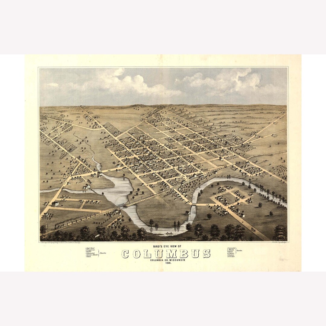 Columbus WI; Antique Map; Perspective, Pictorial or Birdseye Map, 1868 ...