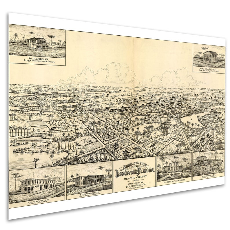 Map of Longwood, Florida 1885; Antique Birdseye Map; Custom Printed - Etsy