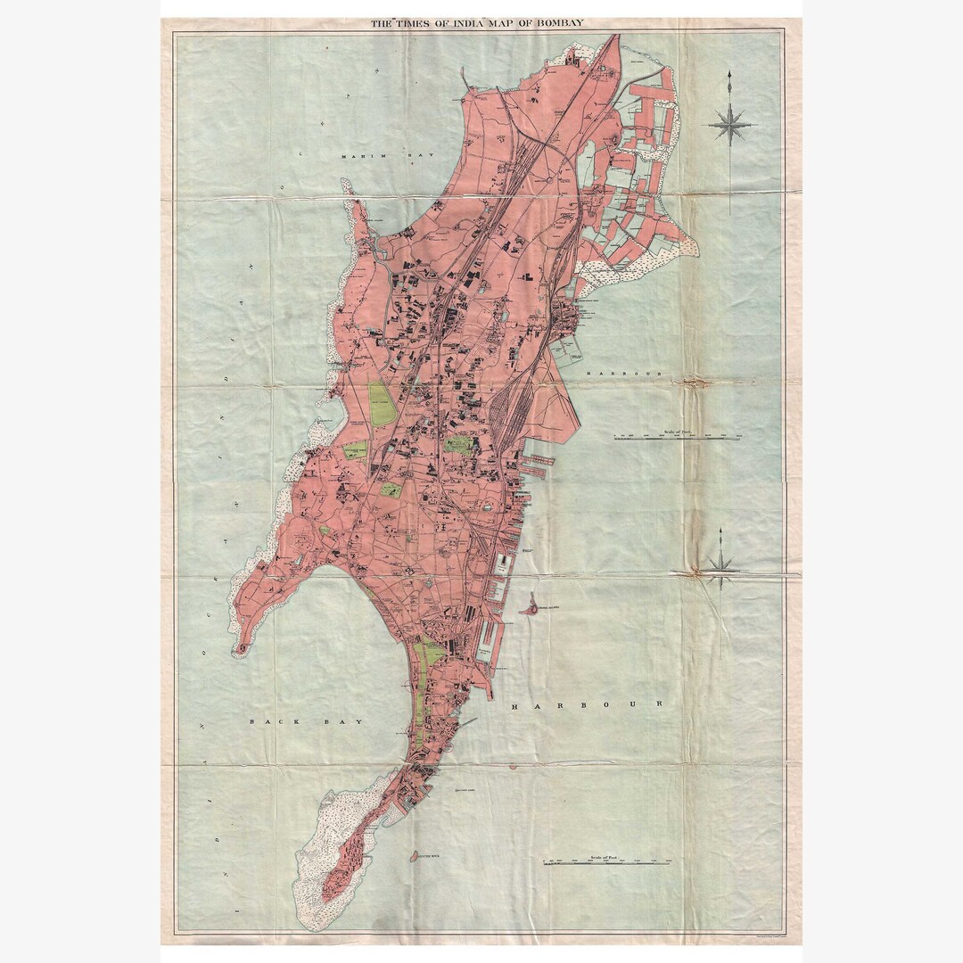 Bombay, India; 1895 Times of India Map; Lovely 1st Quality Antique ...