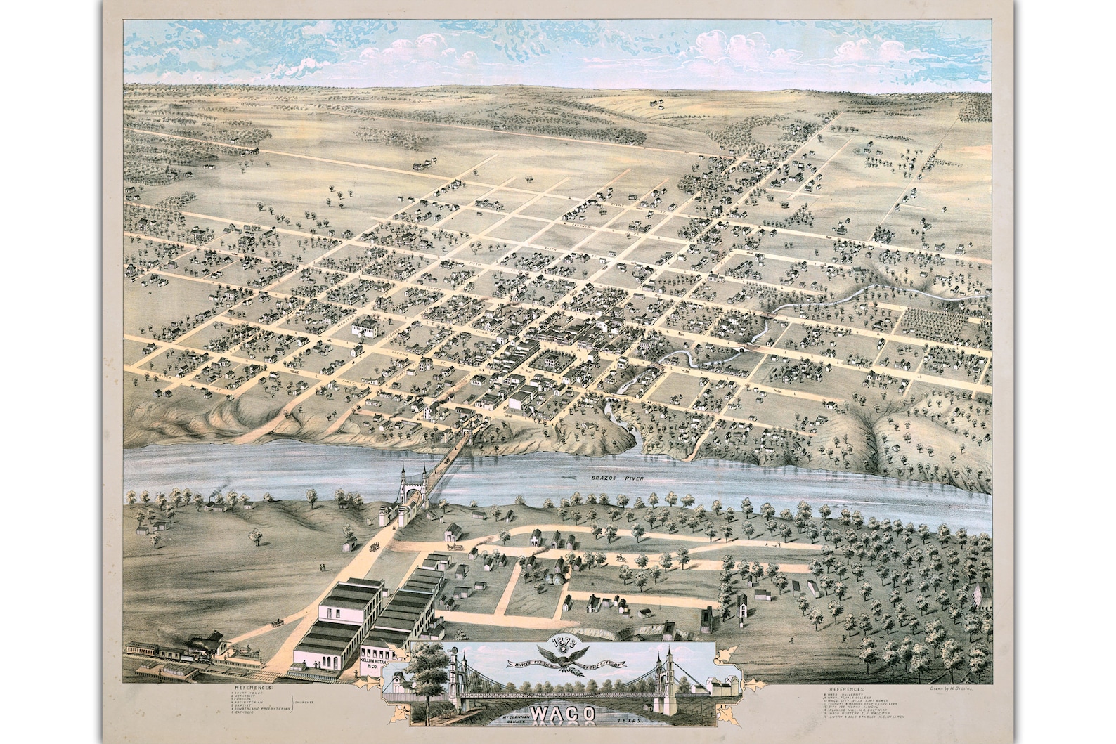 Map of Waco Texas; Antique Map; Pictorial or Birdseye Map, 1873 - Teak ...