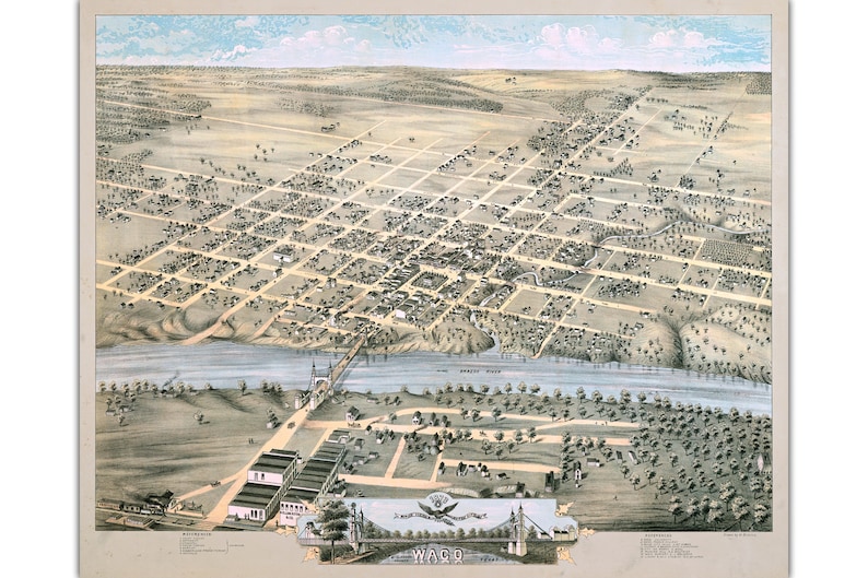 Map of Waco Texas; Antique Map; Pictorial or Birdseye Map, 1873 - Teak ...