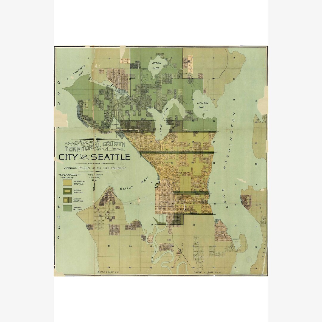 Antique Map Territorial Growth of Seattle 1891; Custom Printed to Order ...