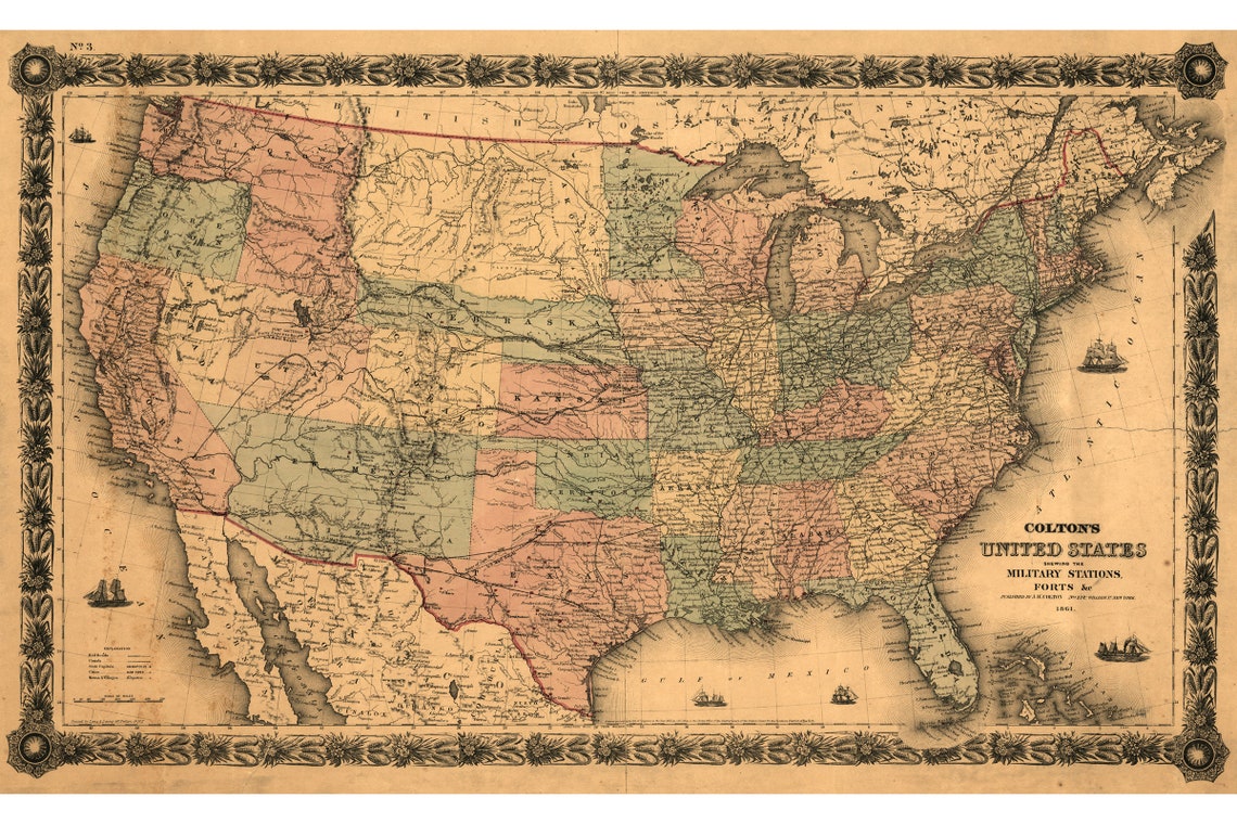 United States in 1855 Antique Civil War Map Colton Pub. 1861 | Etsy