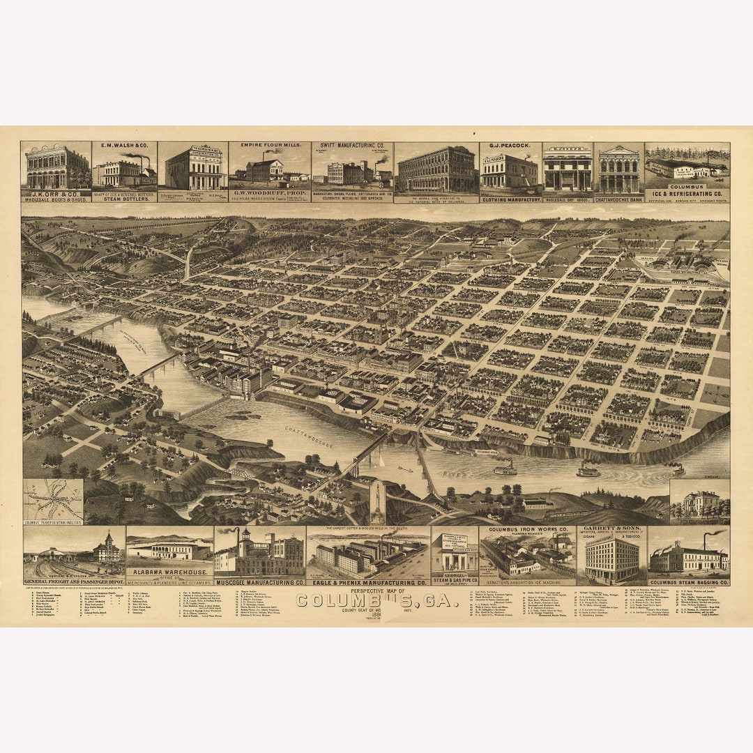 Columbus GA; Antique Map; Perspective, Pictorial or Birdseye Map; 1886 ...