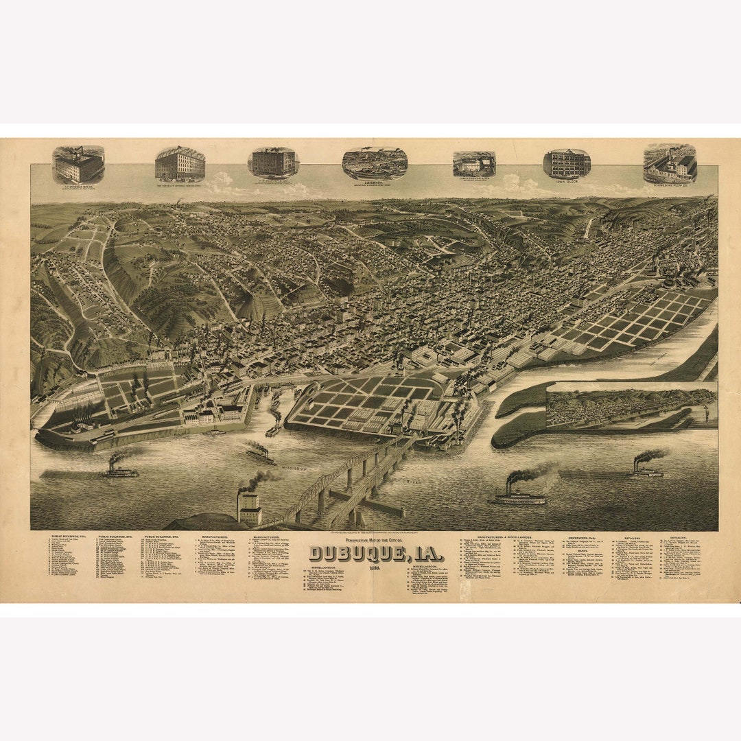 Map of Dubuque, Iowa; Antique Map; Pictorial or Birdseye Map, 1889 - Etsy