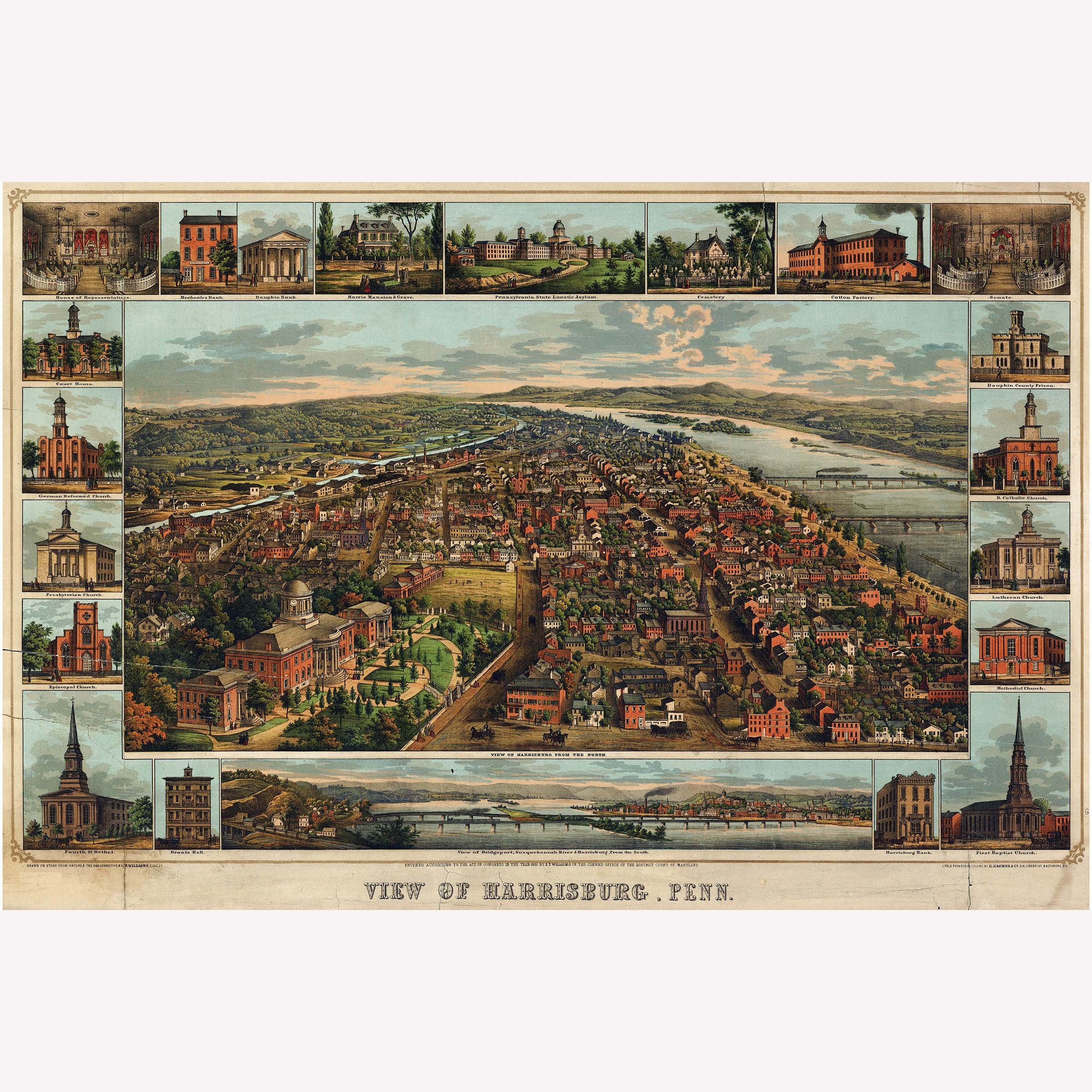 Map of Harrisburg Pennsylvania 1855 Antique Birdseye Map | Etsy