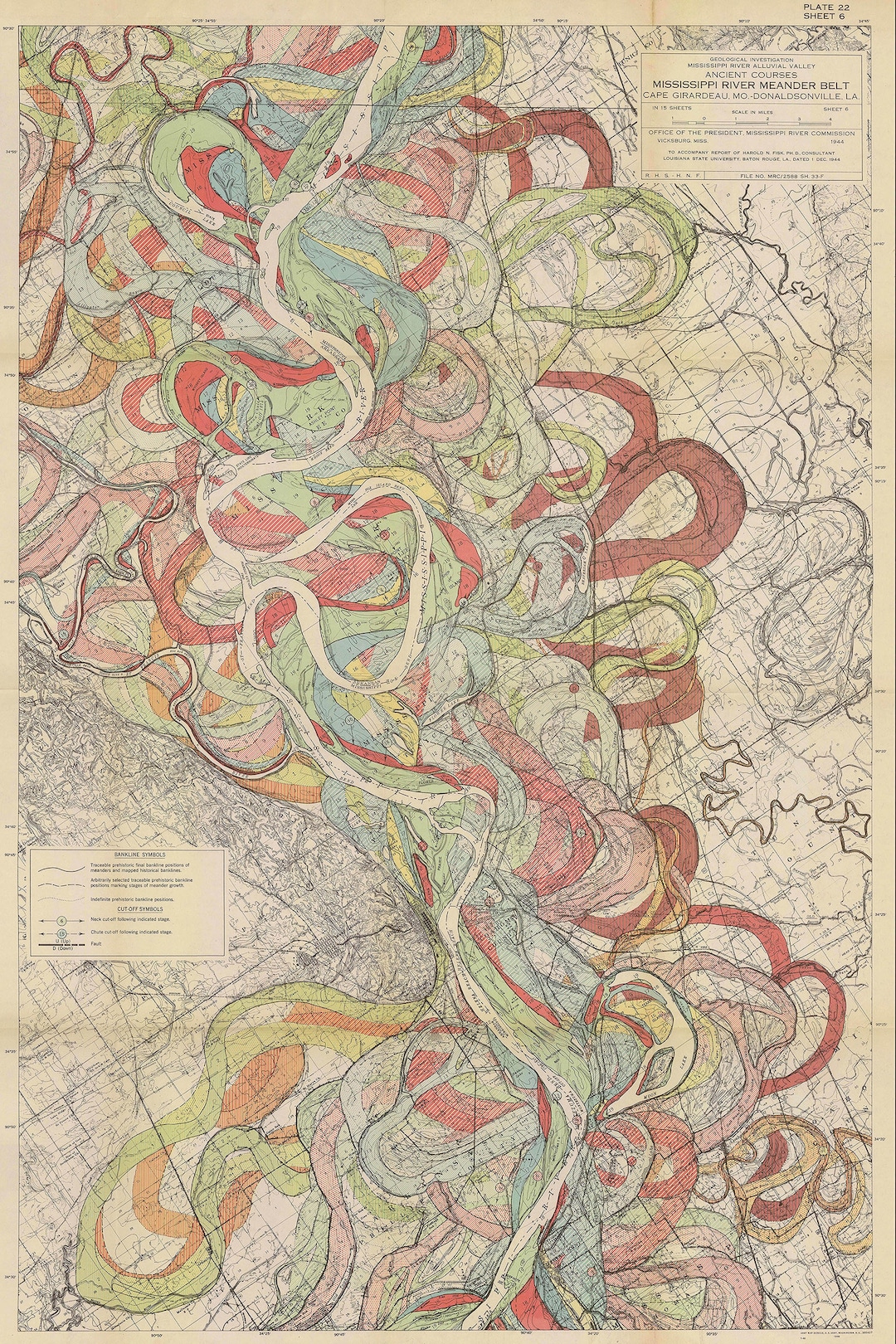Mississippi River Meander Belt, Geological Map by Harold Fisk, 1944- 6 ...