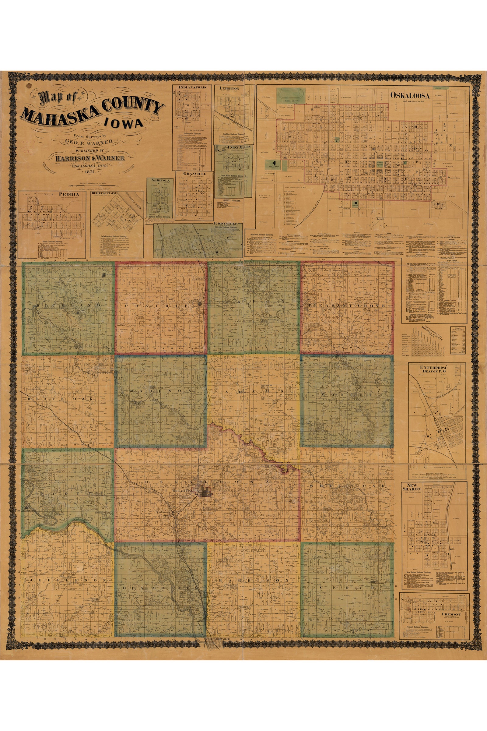Map of Mahaska County Iowa Antique Map 1871 Custom Printed | Etsy