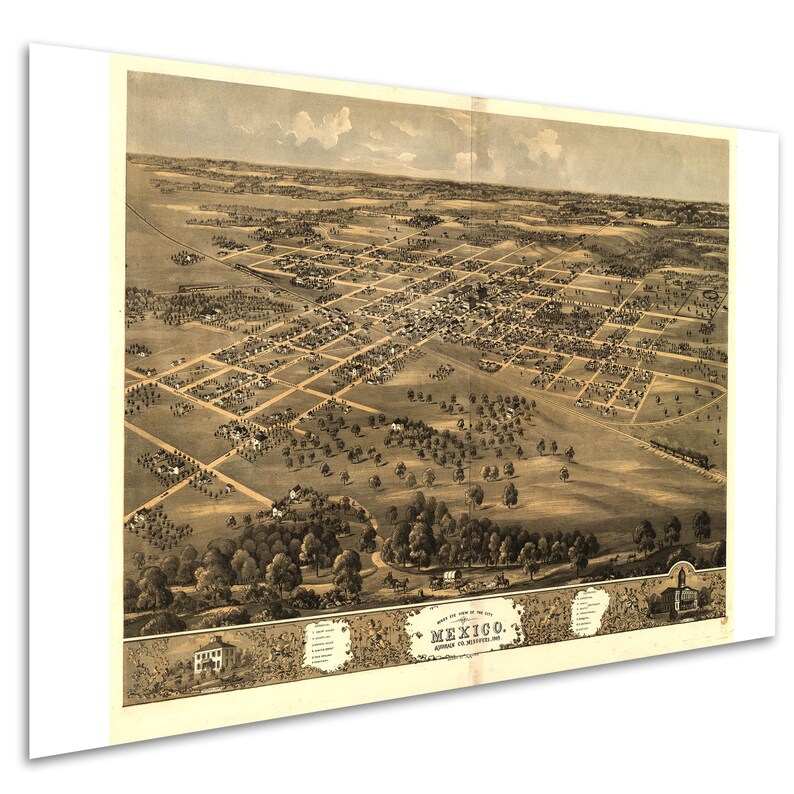 Map of Mexico, Missouri Antique Map; Pictorial or Birdseye Map, 1869 ...