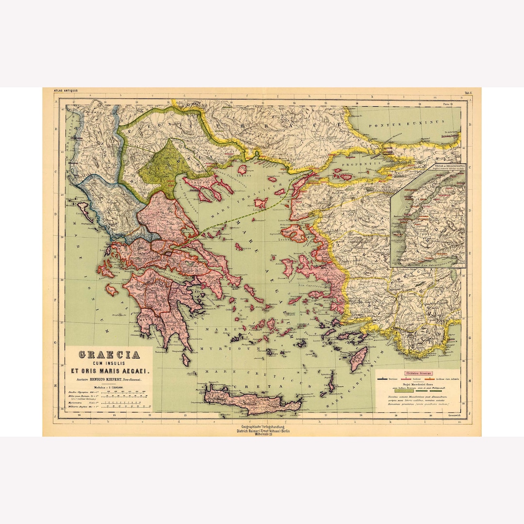 Grecia y el Mar Egeo Troas y Tracia Mapa histórico de Kiepert, 1900 ...