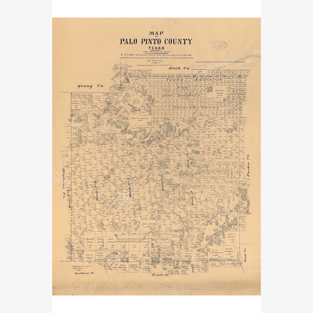 Map of Palo Pinto County, Texas; Antique Map, 1879 - Teak Wood Magnetic ...