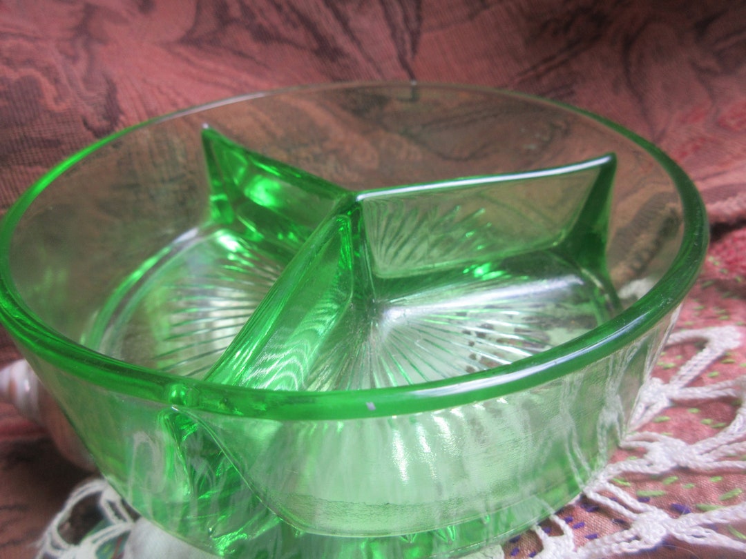 Art Deco Uranium Glass Divided Bowl, Serving Bowl, Snacks, Crudites ...