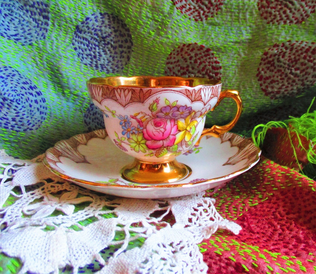 Lovely and Shapely Rosina Tea Cup and Saucer, Raised Foot, Floral ...