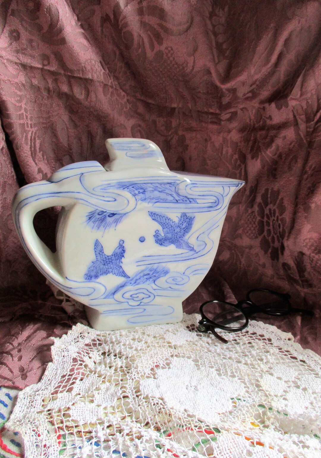 Unusual Blue and White Chinese Teapot, Skinny Teapot, Rooster Design ...