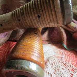 2 Antique Factory Spindles, Wooden, Brass Tipped, Drilled Holes, Hollow ...