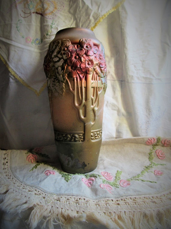 Antique art nouveau goofus glass vase circa 1900 rose tree | Etsy