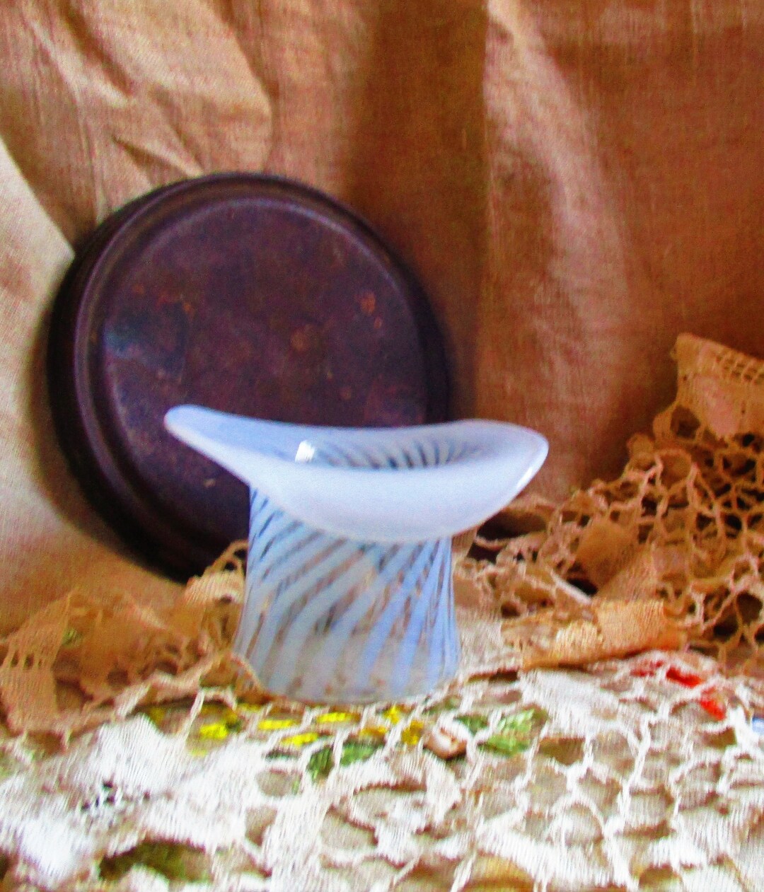 Small Glass Top Hat Vase, White and Clear Glass, Swirl Optic Design ...