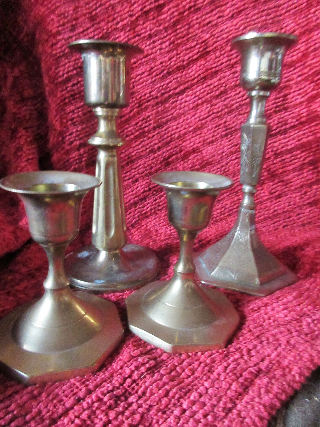 4 Solid Brass Candlesticks, 2 Short, 2 Medium, Different Styles, One ...