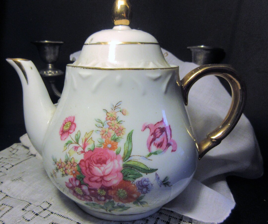 Edwardian Porcelain Teapot, Floral Transfer, Embossed, Gold Trim ...