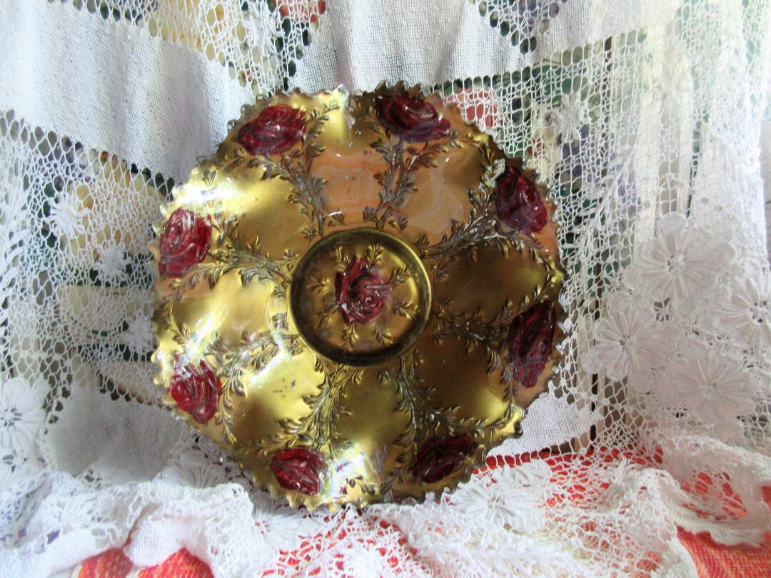 Goofus Glass Bowl, Raised Pattern, Rose Design, Rippled Sides, Sawtooth ...