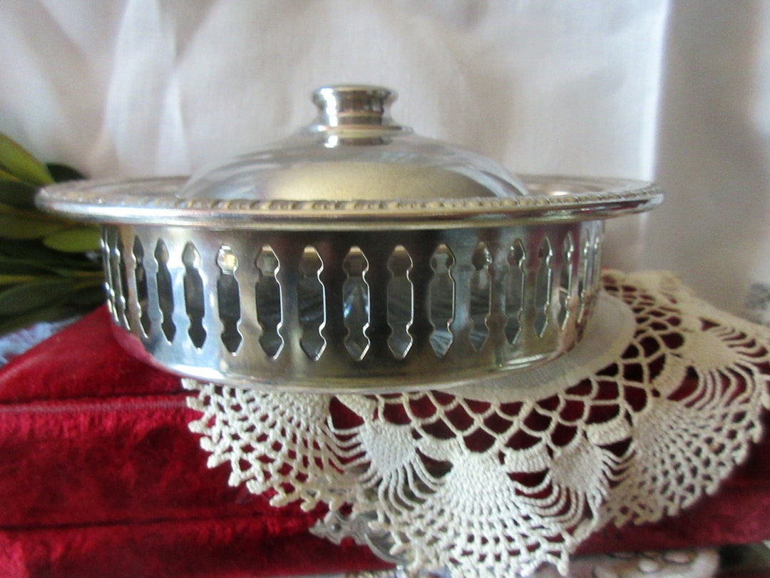 Silver Plated Butter Dish, Round, Glass Insert, Lid, Cutwork Sides ...