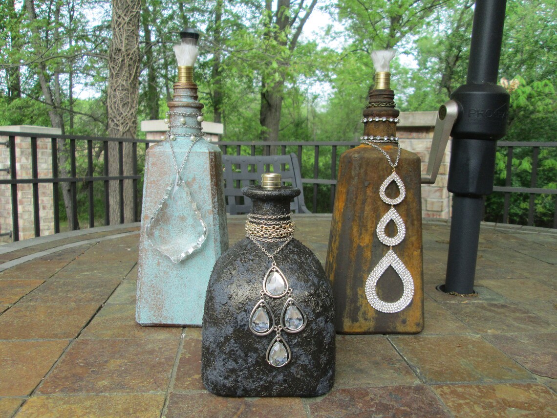 Jeweled Table Top Torch Blue Patina Glass Handmade | Etsy