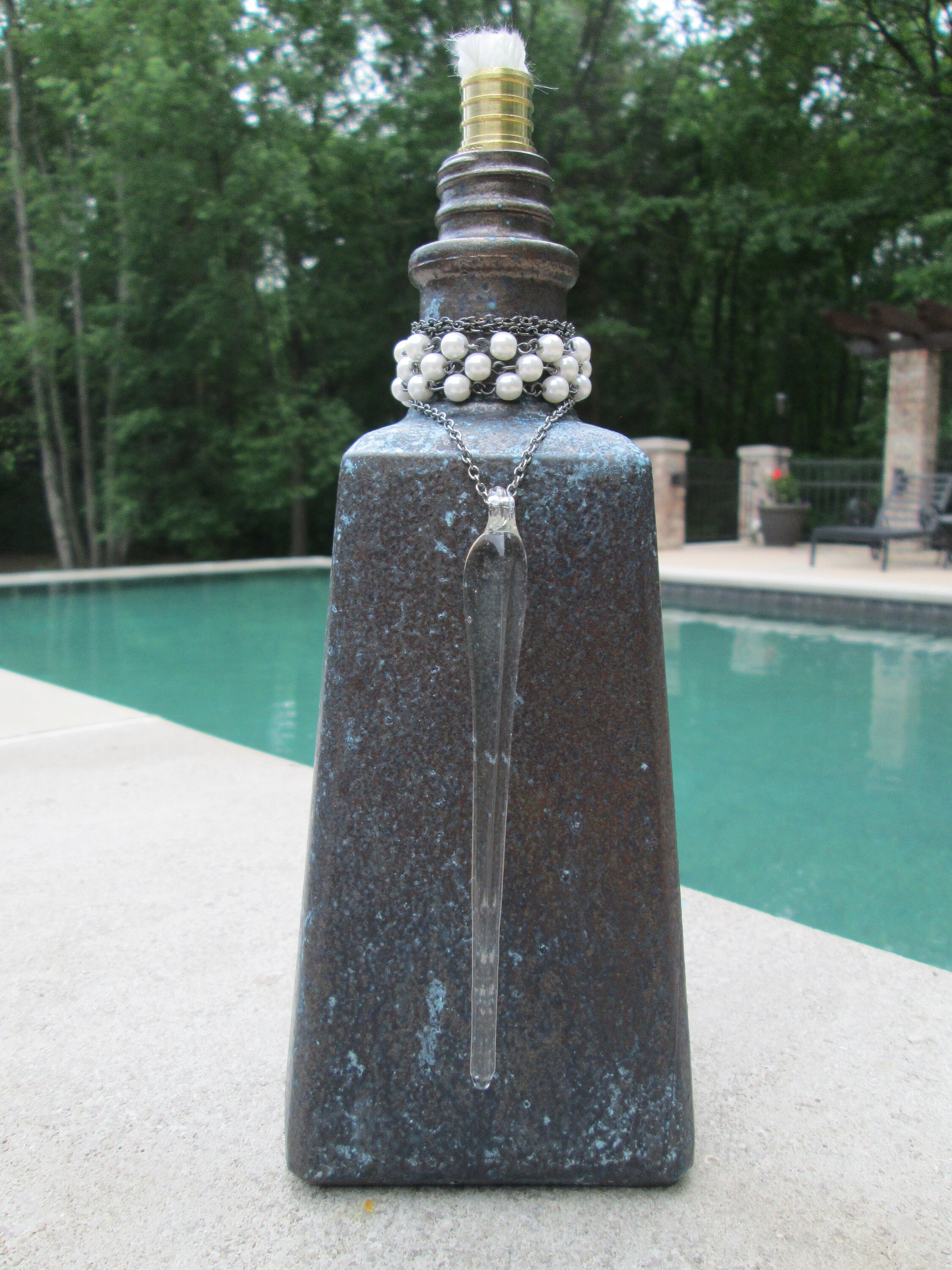 Jeweled Table Top Torch Blue Patina Glass Handmade | Etsy