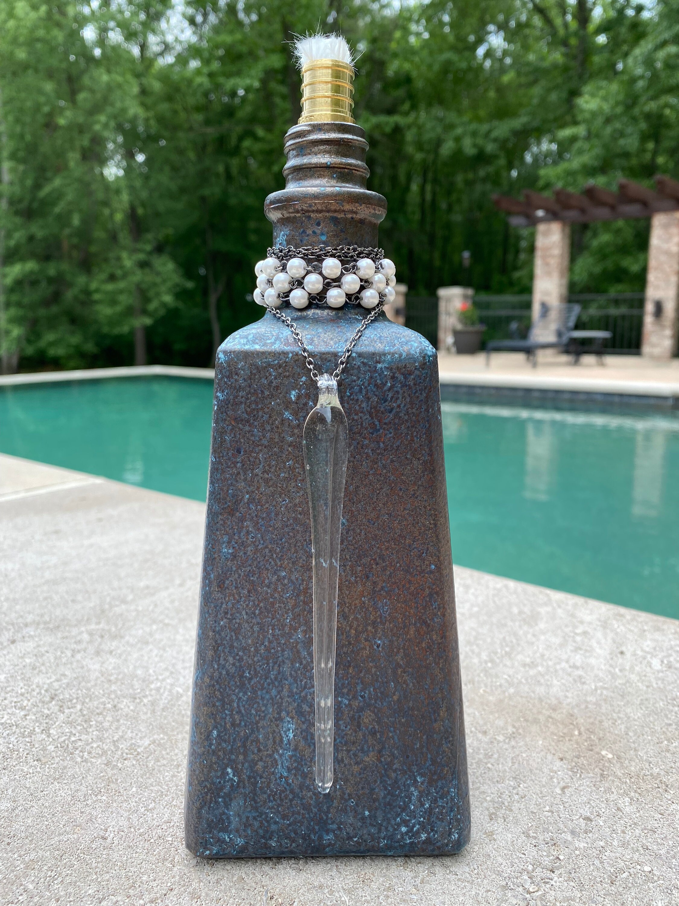 Jeweled Table Top Torch Blue Patina Glass Handmade | Etsy