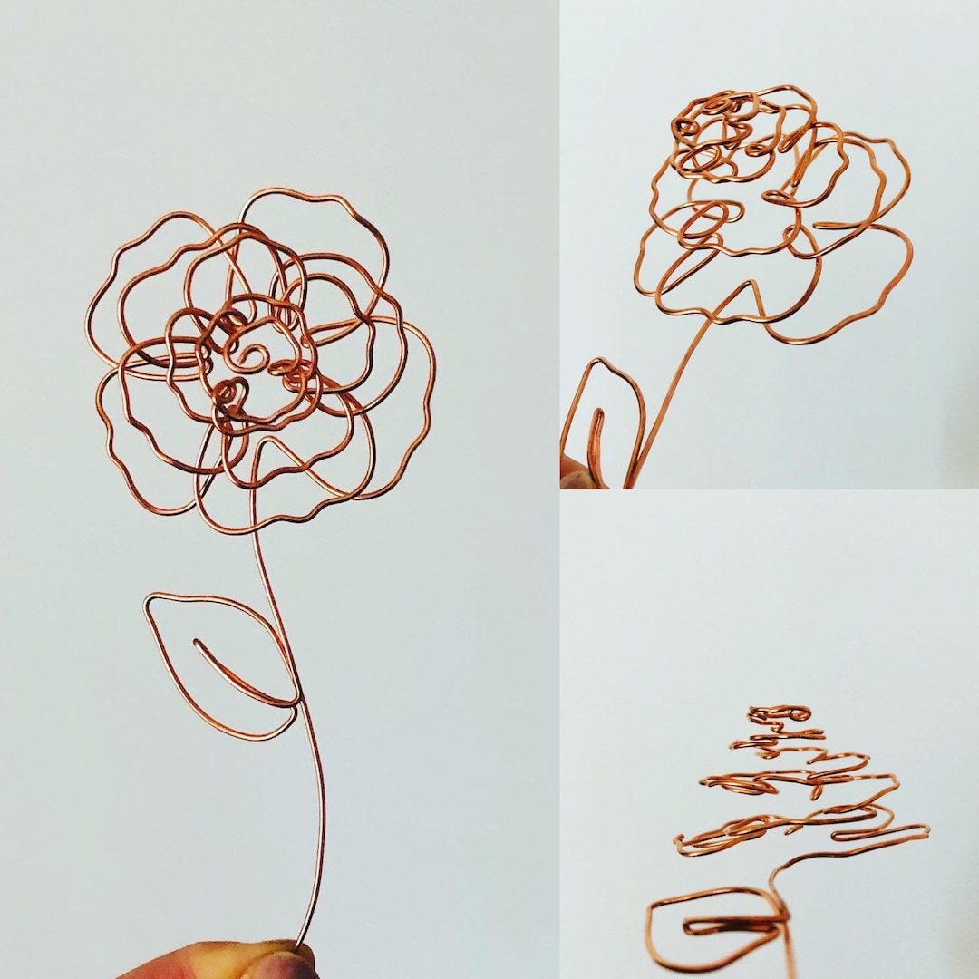 Copper Wire Rose Metal Flower Handmade Bouquet Sculpture Valentine Wife ...