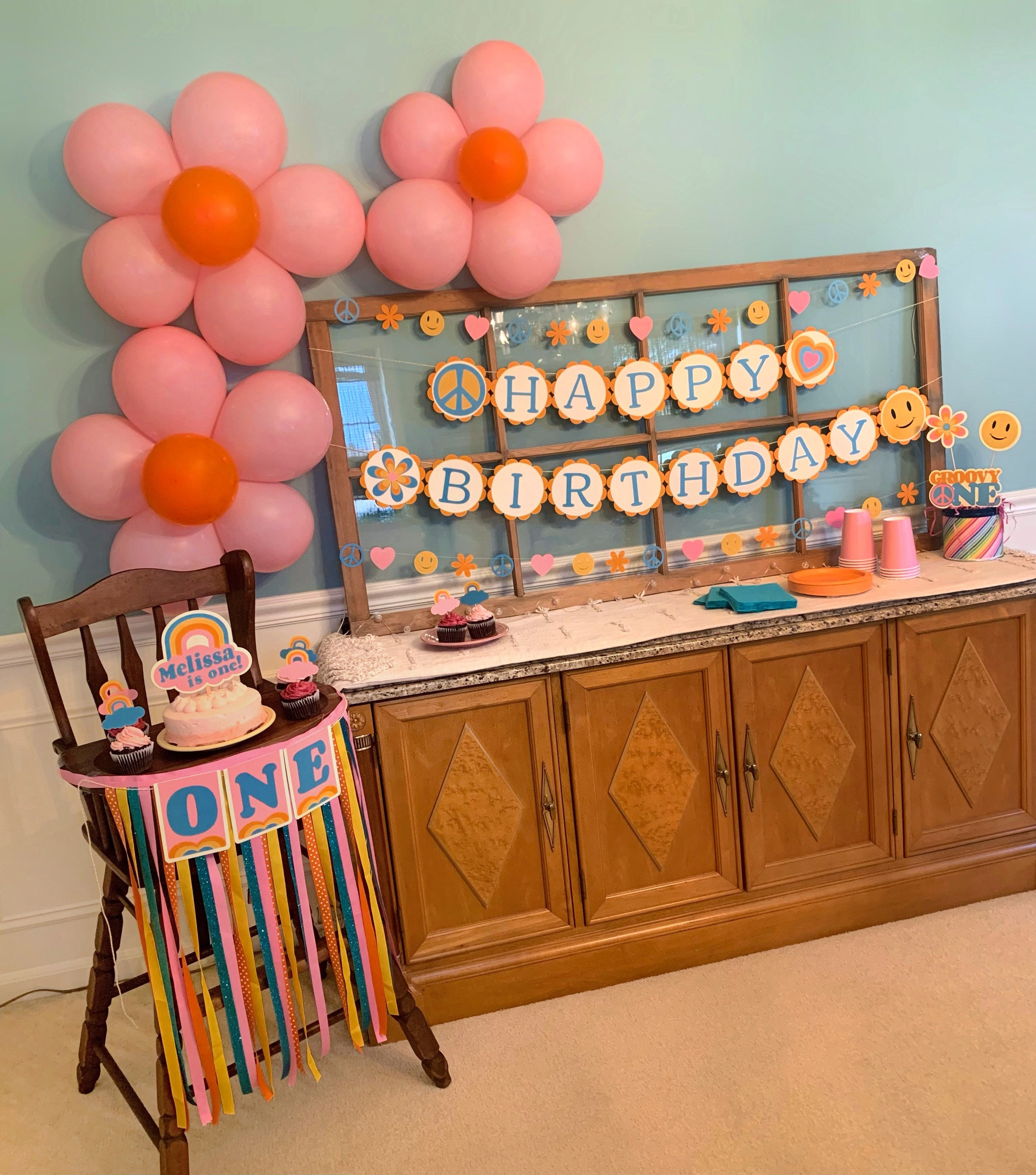 Happy Birthday Banner 70s Party Decor Retro Rainbow 60s Decor Groovy ...